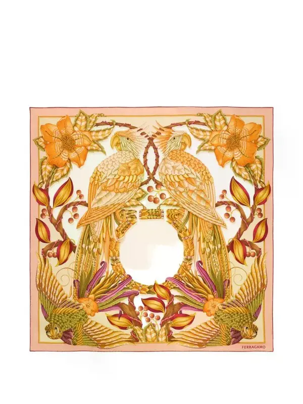 FERRAGAMO Parrots Print Silk Scarf - Orange
