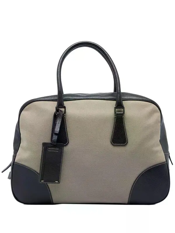 Prada 2000-2013 Cinghiale Trimmed Canvas Canapa Bauletto Bag Handbag - Neutrals