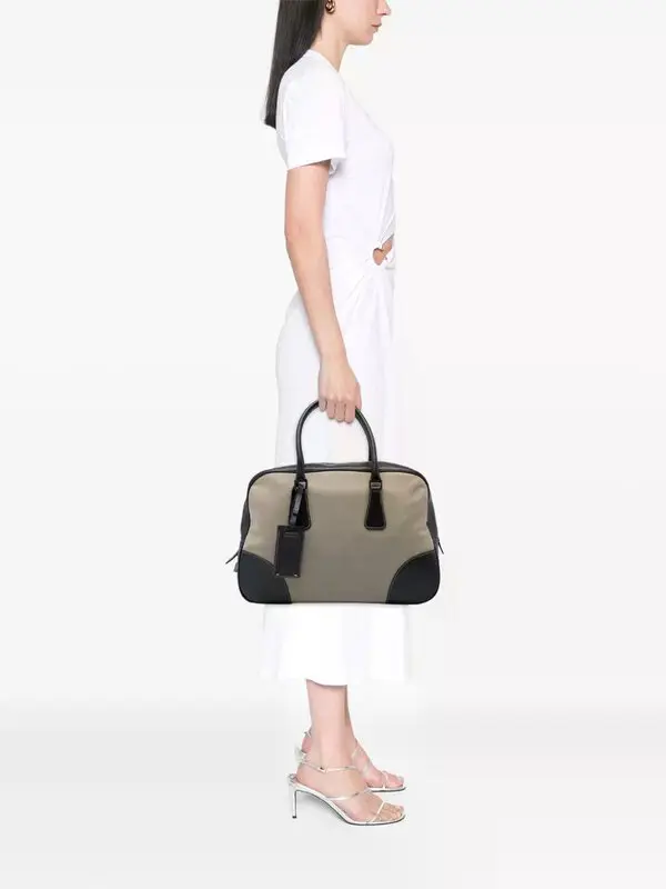 Prada 2000-2013 Cinghiale Trimmed Canvas Canapa Bauletto Bag Handbag - Neutrals