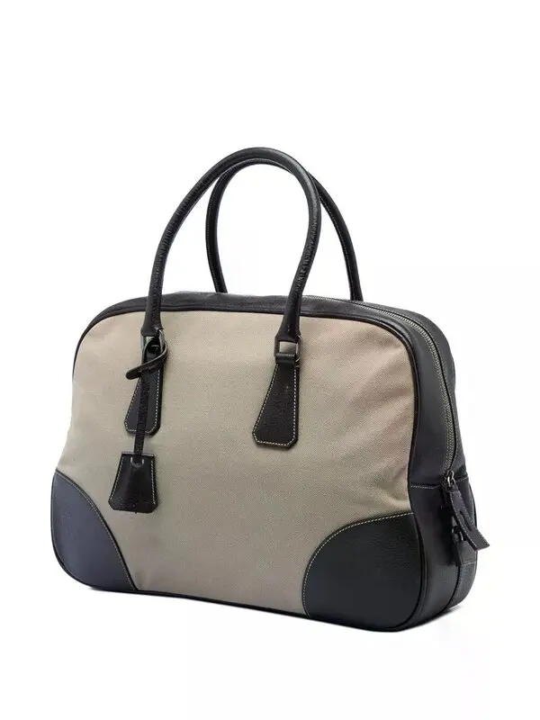 Prada 2000-2013 Cinghiale Trimmed Canvas Canapa Bauletto Bag Handbag - Neutrals