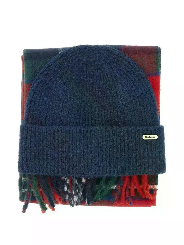 Barbour Olivia Tartan Fringed Beanie Hat And Scarf Set - Blue
