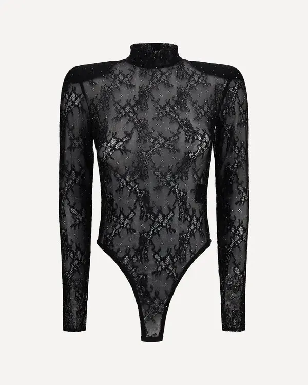NISSA Long-sleeve Lace And Rhinestone Bodysuit