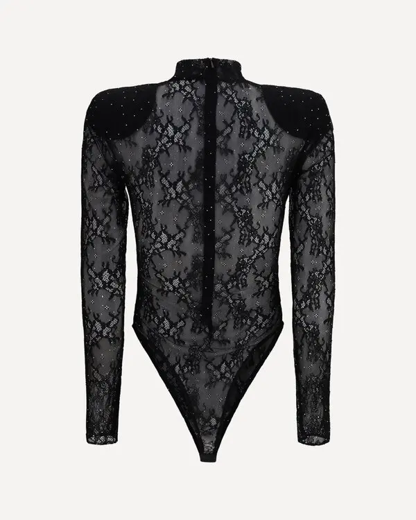 NISSA Long-sleeve Lace And Rhinestone Bodysuit