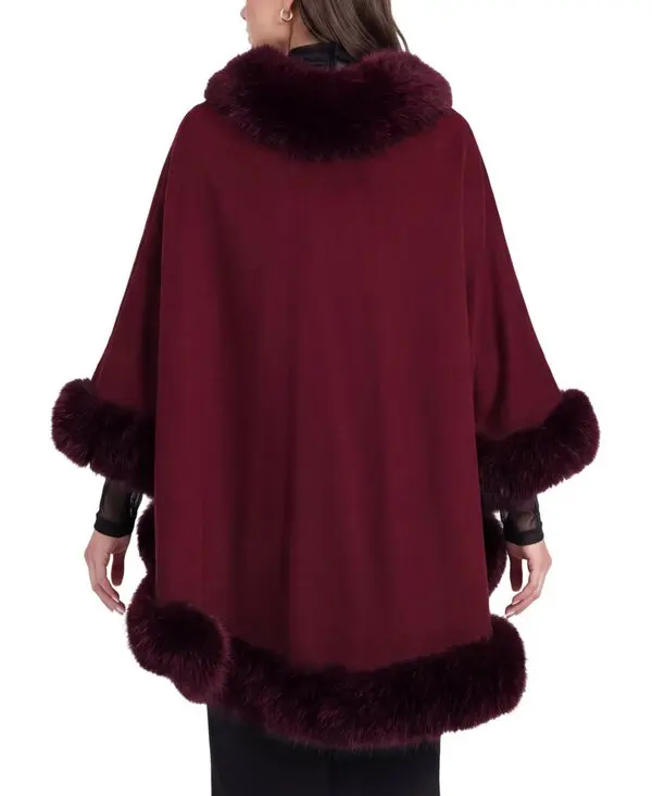 LYLA GRANT Cashmere & Wool Blend Cape With Faux Fur Fox Trim - Wine