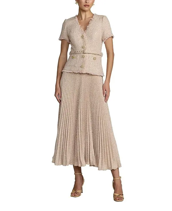 Mac Duggal Boucle Top With Pleated Chiffon Skirt Midi Dress - Blush