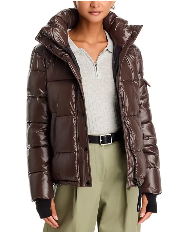 Aqua Ella Glossy Hooded Puffer Coat Exclusive - Espresso