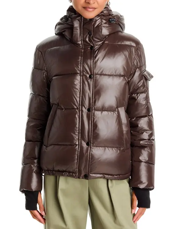 Aqua Ella Glossy Hooded Puffer Coat Exclusive - Espresso