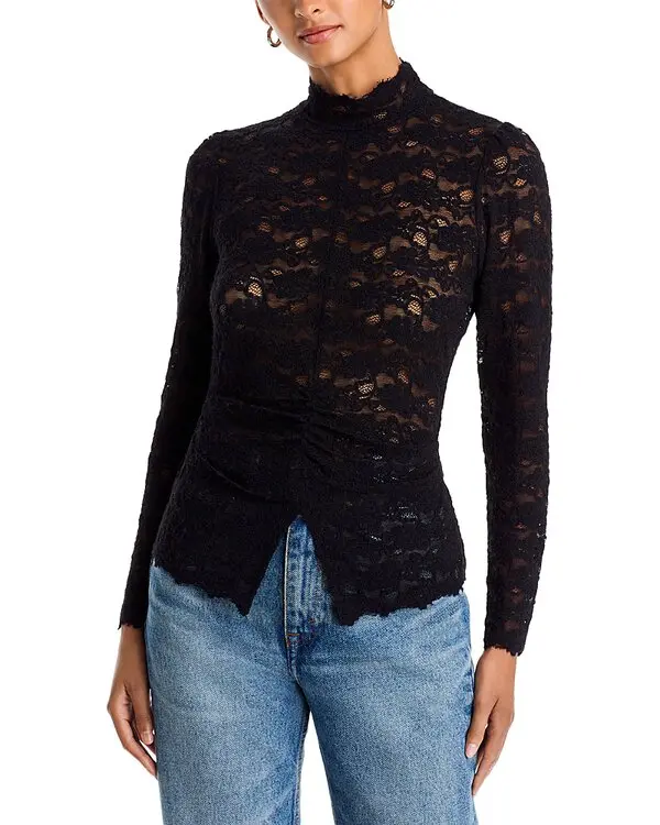 Aqua Long Sleeve Lace Flocked Mock Neck Top Exclusive