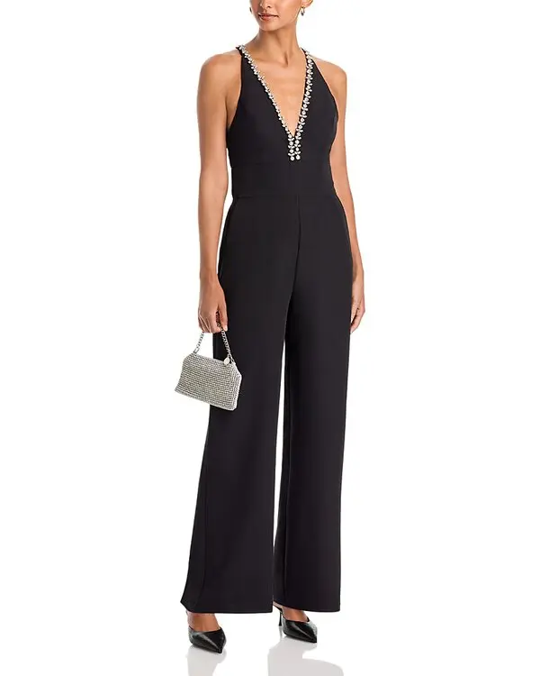 Aqua Jewel Trim Plunge V Neck Jumpsuit Exclusive - Black