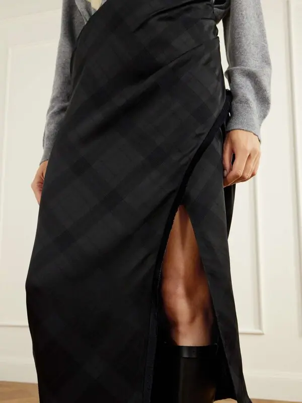 RÙADH The Alee Checked Frayed Asymmetric Satin Maxi Skirt