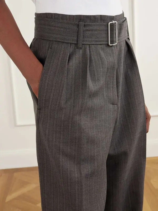 Our Legacy Soar Belted Pinstriped Cotton And Wool-blend Woven Wide-leg Pants - Dark Gray