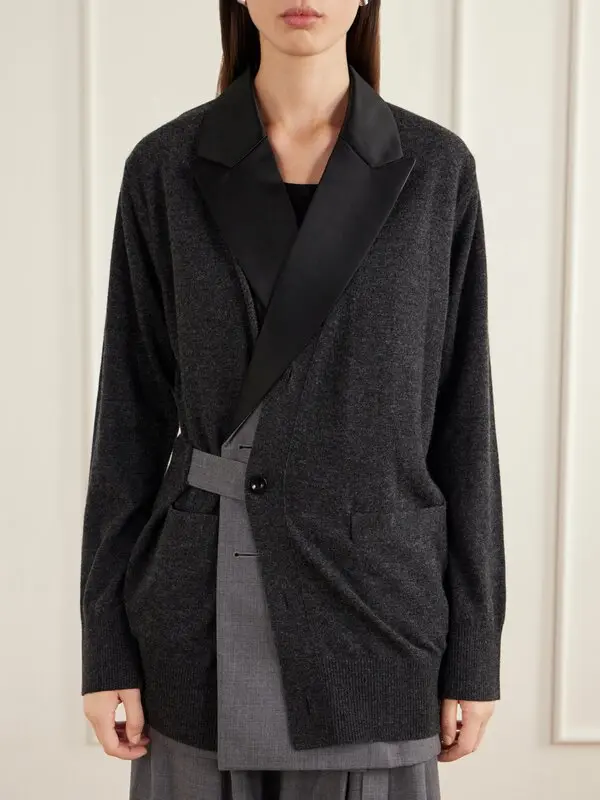 Sacai Layered Satin-trimmed Wool Cardigan