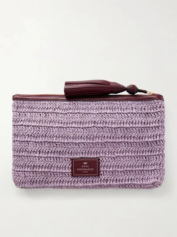 ANYA HINDMARCH Tasseled Leather-trimmed Raffia Clutch Bag