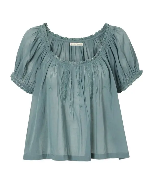 DÔEN Vintage Lace Trimmed Blouse - Blue