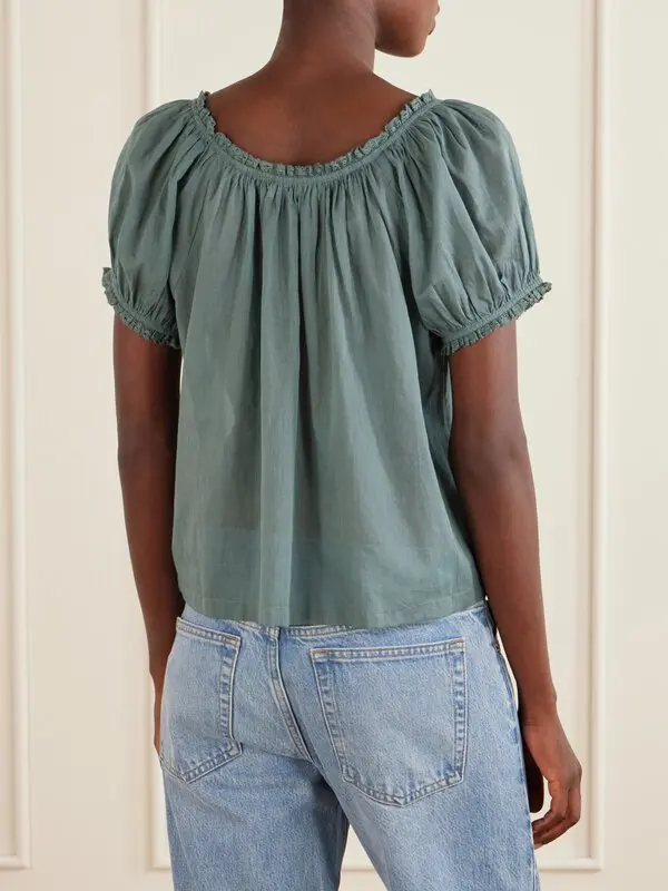 DÔEN Vintage Lace Trimmed Blouse - Blue