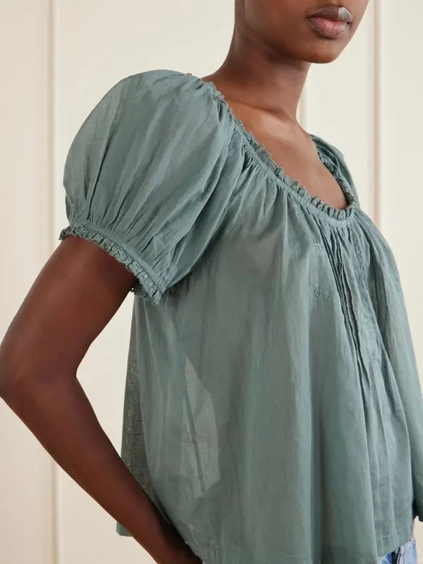 DÔEN Vintage Lace Trimmed Blouse - Blue