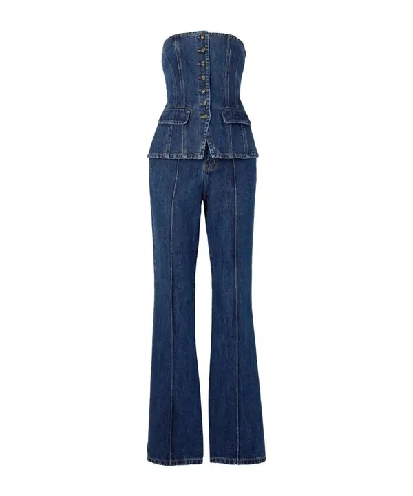 SELF-PORTRAIT One-piece Denim Jumpsuit - Blue