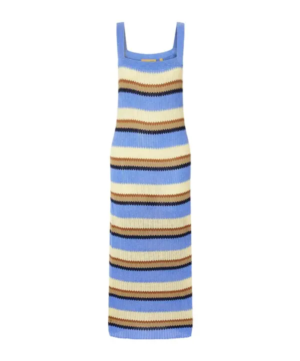 Guest In Residence Palazzo Striped Ribbed Silk And Linen-blend Midi Dress - Blue