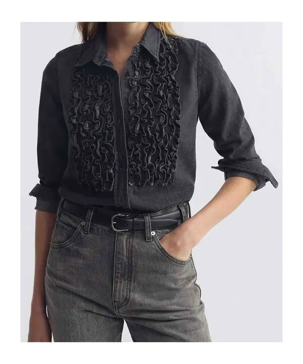 NILI LOTAN Denim Ruffle Shirt