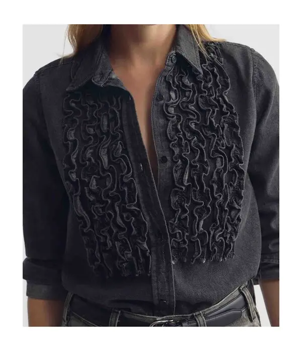 NILI LOTAN Denim Ruffle Shirt