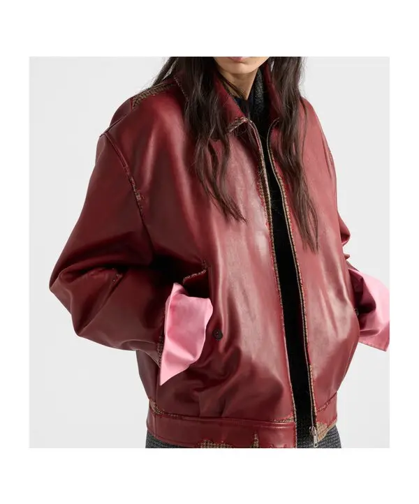 Prada Bonded Nappa Leather And Houndstooth Check Fabric Jacket