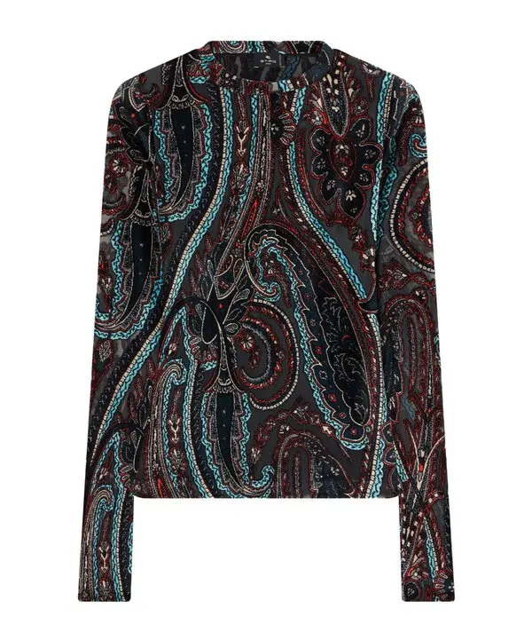 Etro Printed Velvet-trimmed Mesh Blouse