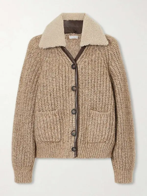 Brunello Cucinelli Shearling And Leather-trimmed Cashmere-blend Cardigan