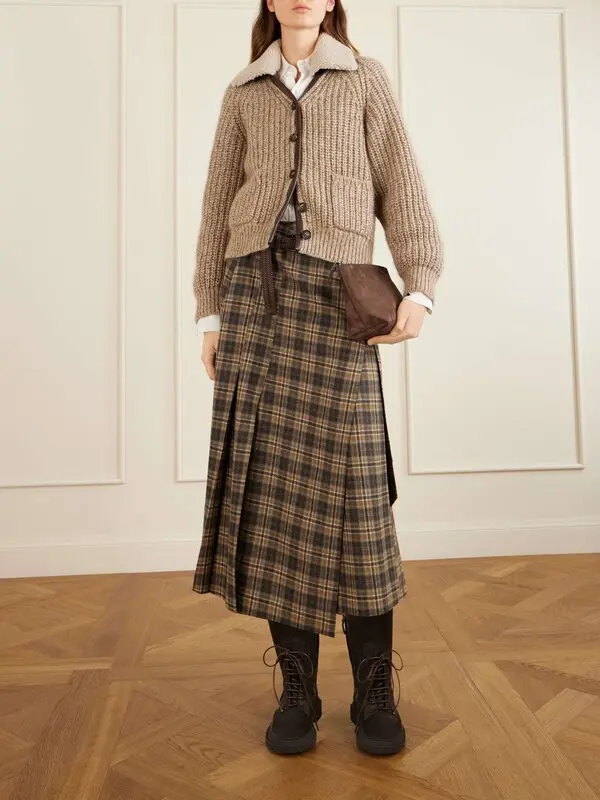 Brunello Cucinelli Shearling And Leather-trimmed Cashmere-blend Cardigan