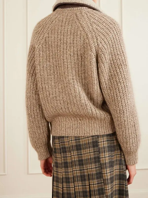 Brunello Cucinelli Shearling And Leather-trimmed Cashmere-blend Cardigan