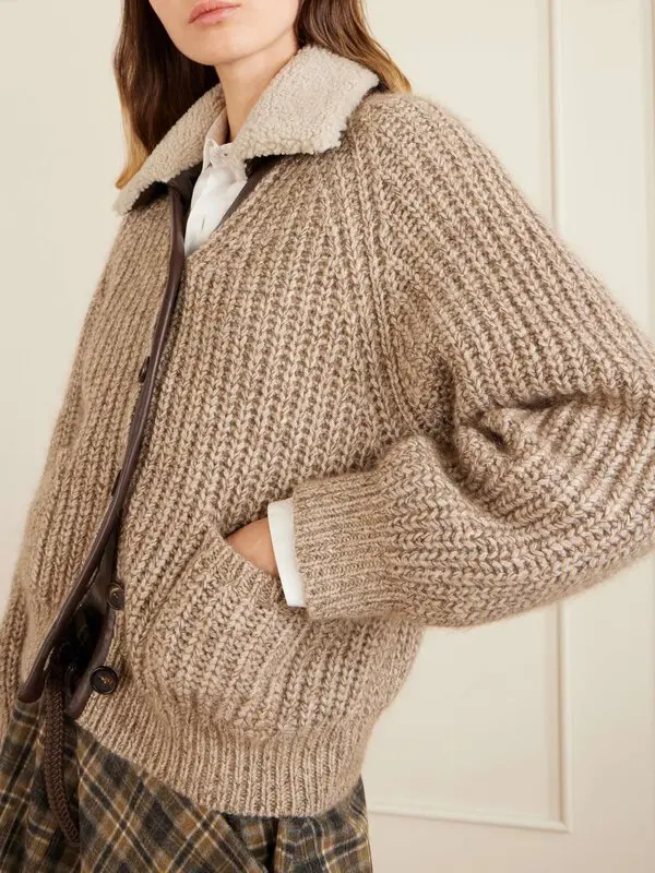 Brunello Cucinelli Shearling And Leather-trimmed Cashmere-blend Cardigan