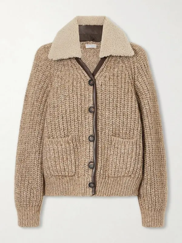 Brunello Cucinelli Rib-knitted Shearling And Leather-trimmed Cashmere-blend Cardigan - Brown