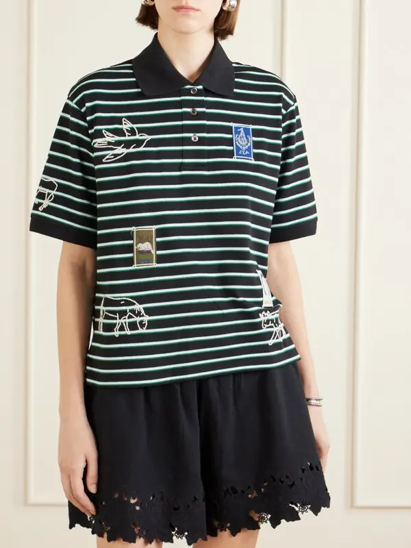 Sea Embroidered Striped Cotton Polo Shirt