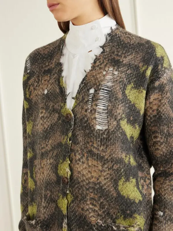 R13 Distressed Animal-print Cashmere Cardigan