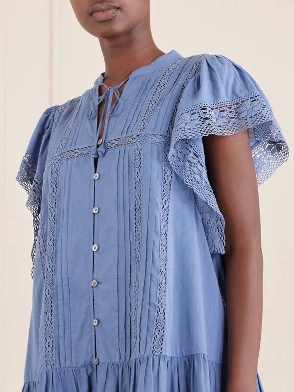 Sea Tiered Lace-trimmed Cotton Mini Dress
