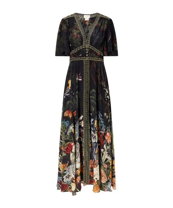 Camilla Embellished Printed Silk Maxi Dress - Black