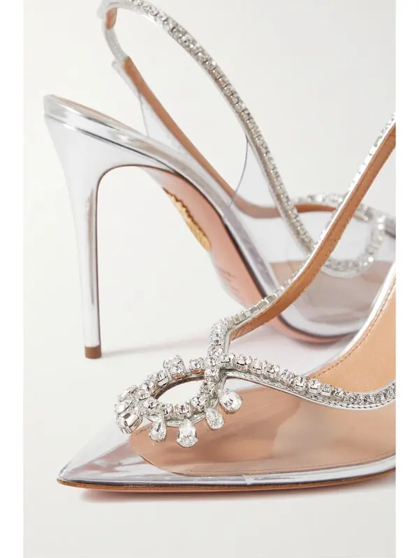 AQUAZZURA Seduction 105 Crystal-embellished Metallic Leather And Pvc Slingback Pumps - No