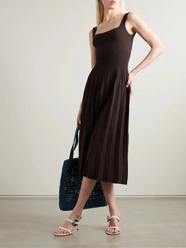 Staud Pleated Ribbed-knit Midi Dress