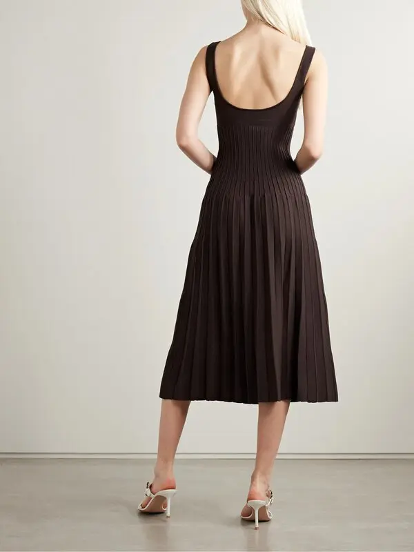 Staud Pleated Ribbed-knit Midi Dress