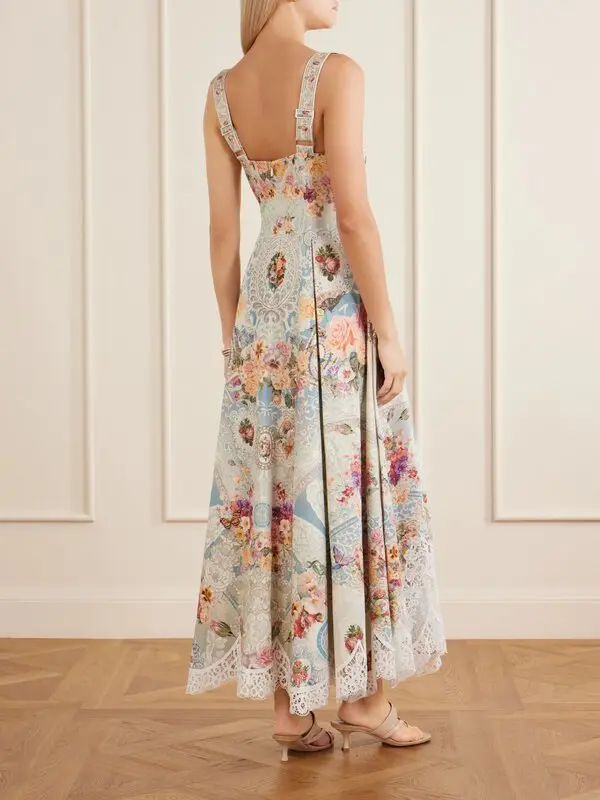 Camilla Printed Lace-trimmed Cotton-blend Midi Dress