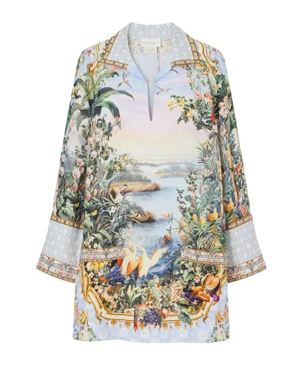 Camilla Crystal-embellished Printed Linen Mini Dress