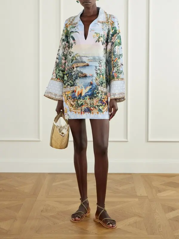 Camilla Crystal-embellished Printed Linen Mini Dress