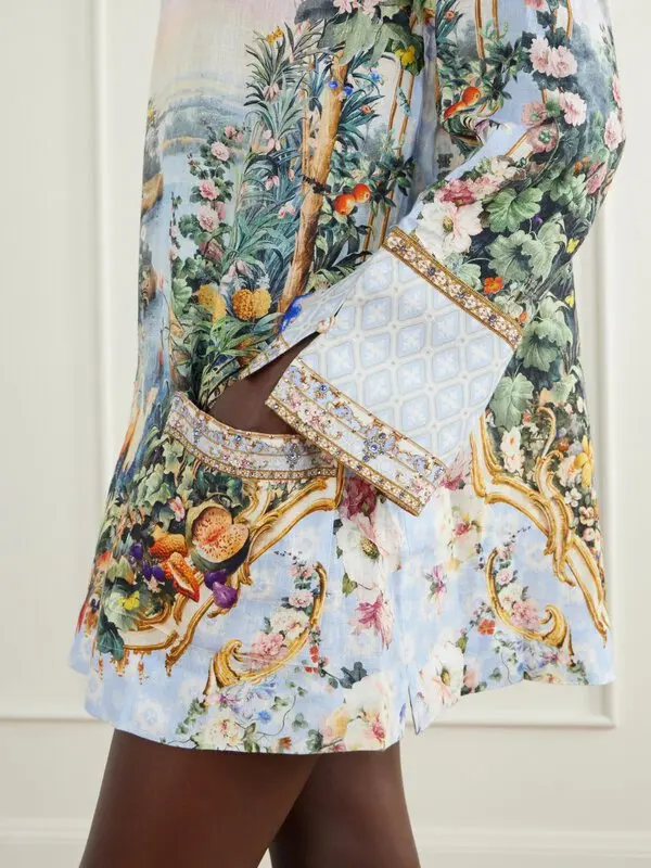 Camilla Crystal-embellished Printed Linen Mini Dress