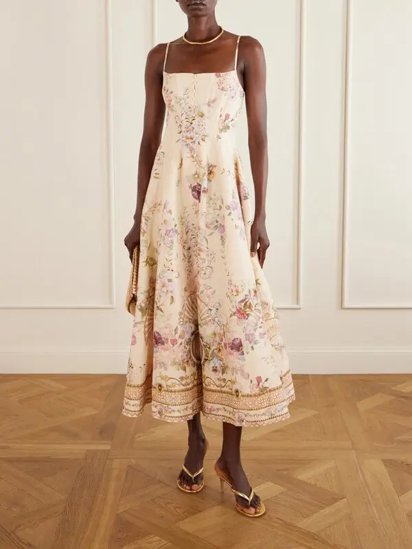 Camilla Embellished Printed Linen And Silk-blend Midi Dress