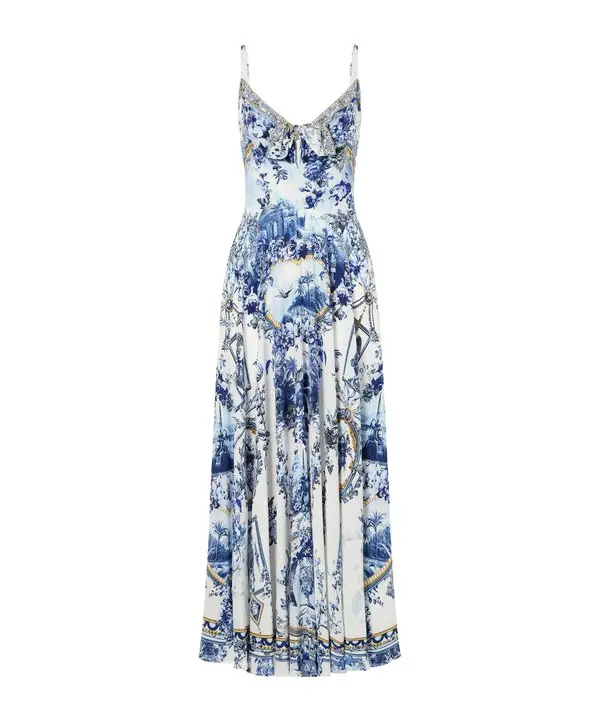 Camilla Porcelain Parlour Tie-detail Crystal-embellished Printed Silk Maxi Dress - Blue