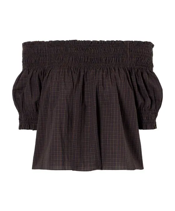 Matteau Shirred Off-the-shoulder Checked Cotton Blouse