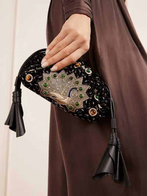 Zimmermann 91 Peacock Small Leather-trimmed Embroidered Clutch