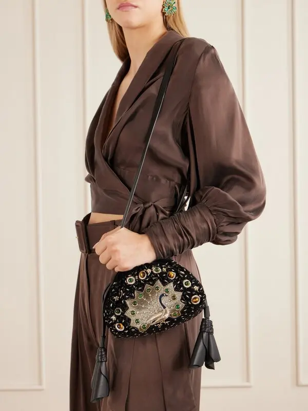Zimmermann 91 Peacock Small Leather-trimmed Embroidered Clutch