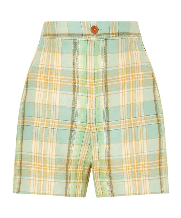 GOD'S TRUE CASHMERE Lime Moss Checked Linen Shorts