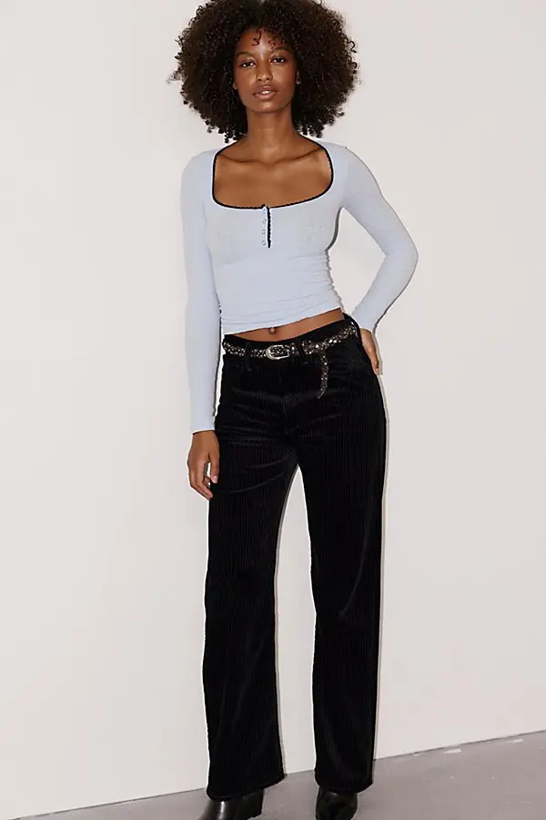 Free People Sweet Point Seamless Long Sleeve Henley - Blue Flame Combo