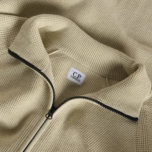 C.P. COMPANY Waffle Knit Lens Zip Cardigan - Silver Birch